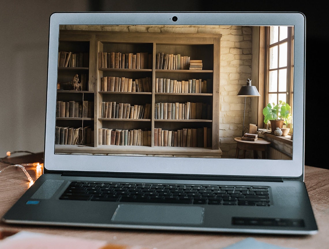 Zoom Background Vintage Bookshelf , Virtual Home Office Background for ...