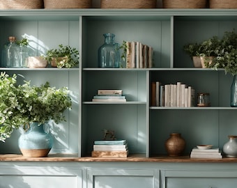 Virtual Background Blue Modern Farmhouse Bookcase for Zoom, Home Office ...