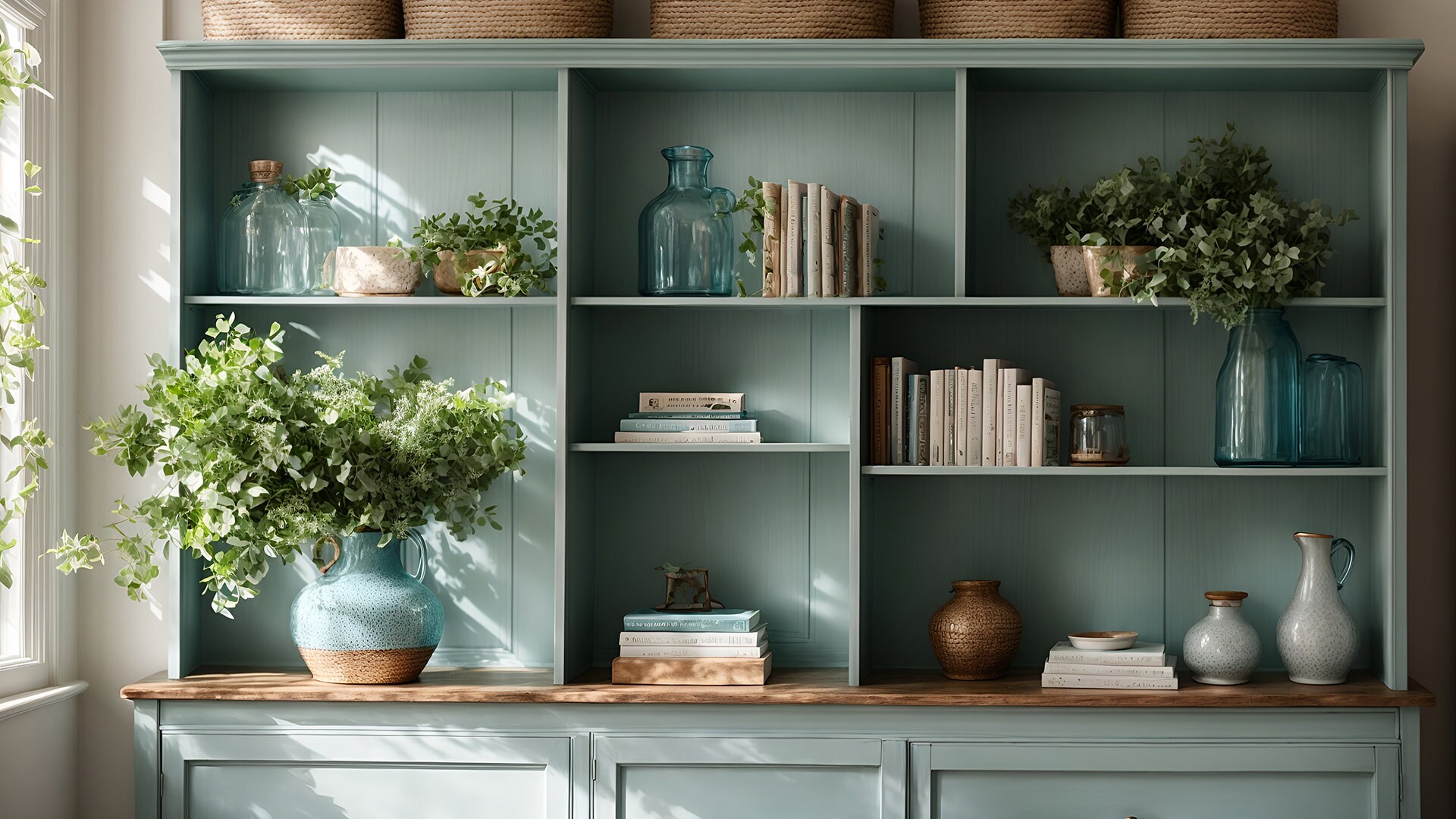Virtual Background Blue Modern Farmhouse Bookcase for Zoom, Home Office ...
