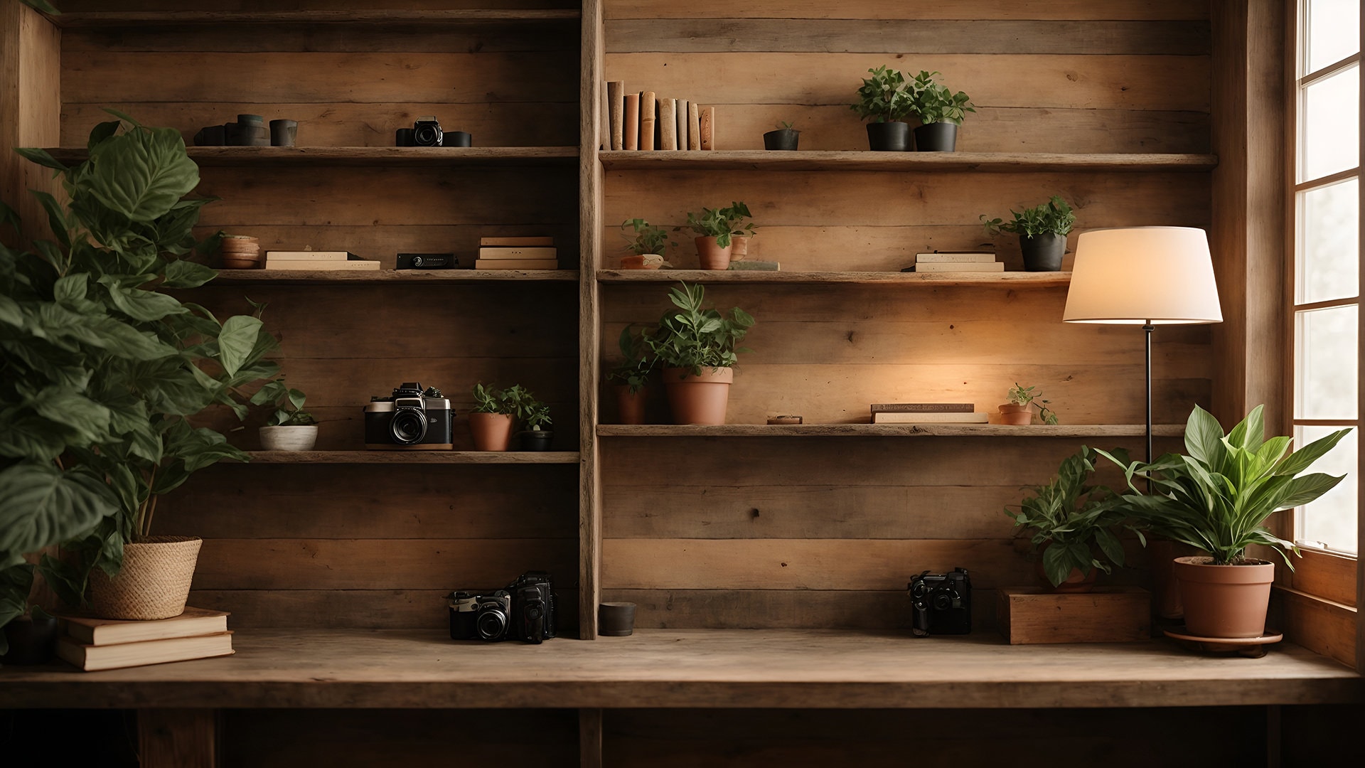 Virtual Bookshelf Background With Camera Decor on Shelves, Backdrop for ...