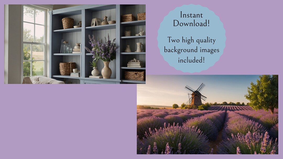 Two Image Set Virtual Background Boho Farmhouse Bookcase With Lavender ...