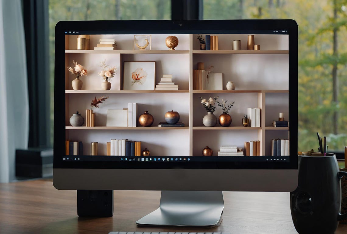 Modern Home Office Virtual Bookshelf Background for Meetings, Neutral ...