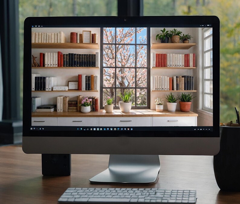 Spring White Bookshelf and Window Zoom Background, Virtual Home Office ...