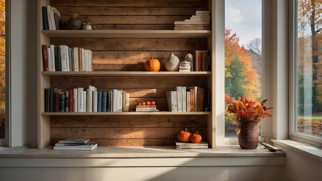 Autumn Bookshelf Virtual Background for Zoom Meeting, Fall Themed Home ...