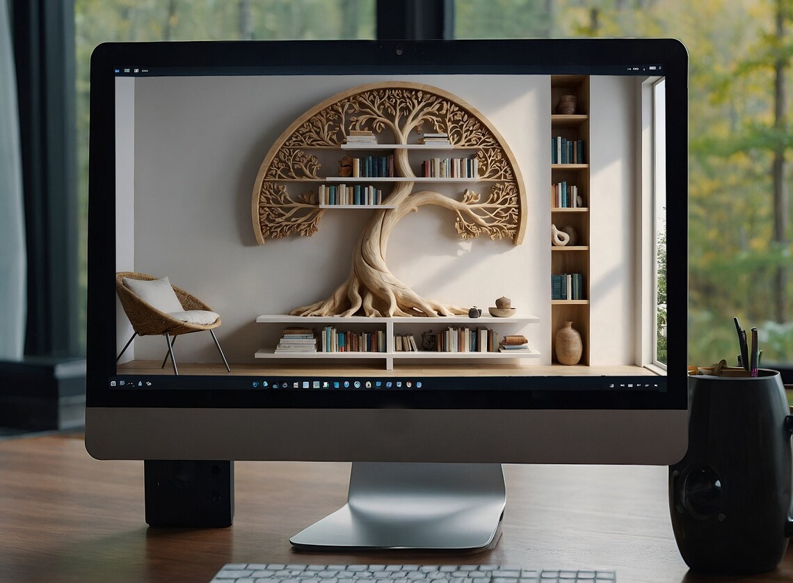 Zoom Background Zen Tree Bookshelf, Neutral Decor, Virtual Home Office ...
