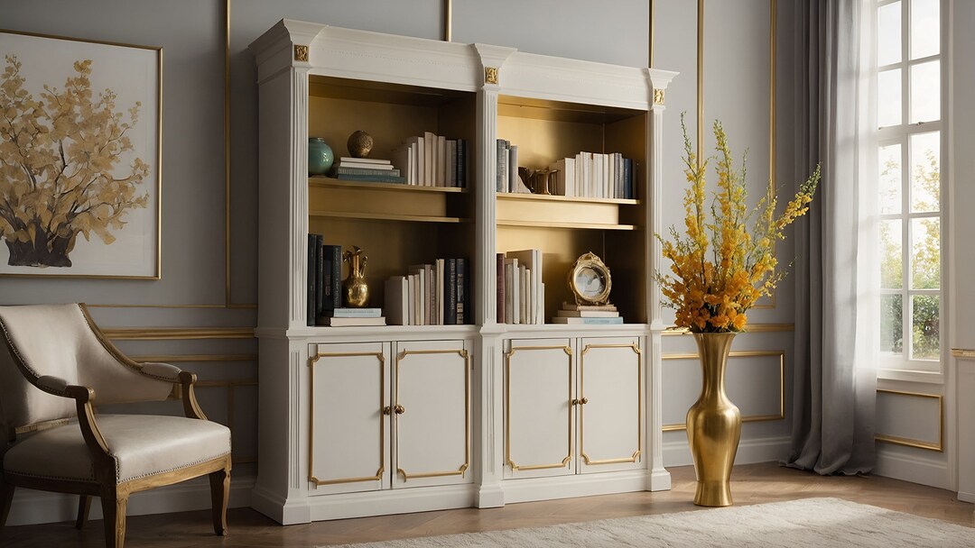 Zoom Background White Bookshelf With Gold Accents, Virtual Home Office ...