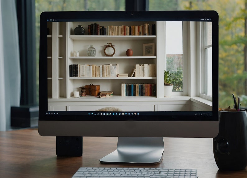 Zoom Background White Bookshelf Library and Window, Virtual Home Office ...
