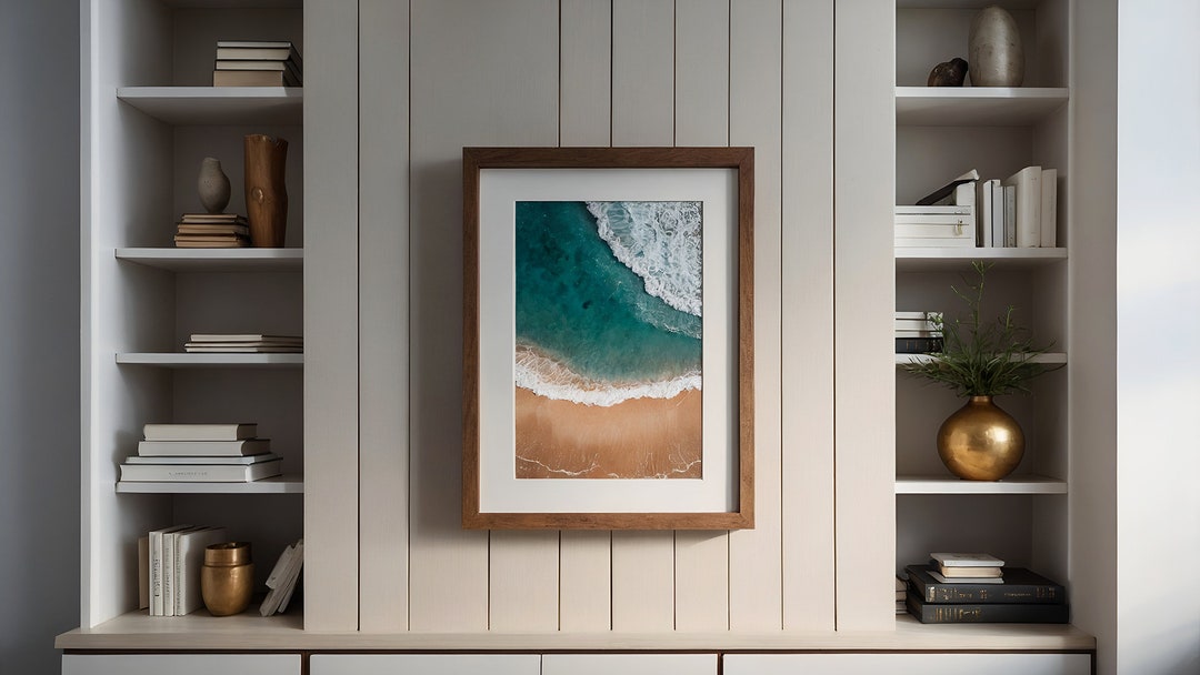 Summer Zoom Background Bookshelf, Coastal Art, Virtual Home Office ...