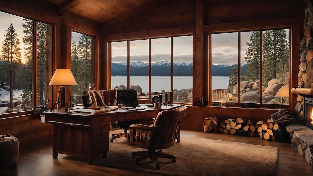 Zoom Background Rustic Tahoe Cabin Office for Virtual Meetings in a 16: ...