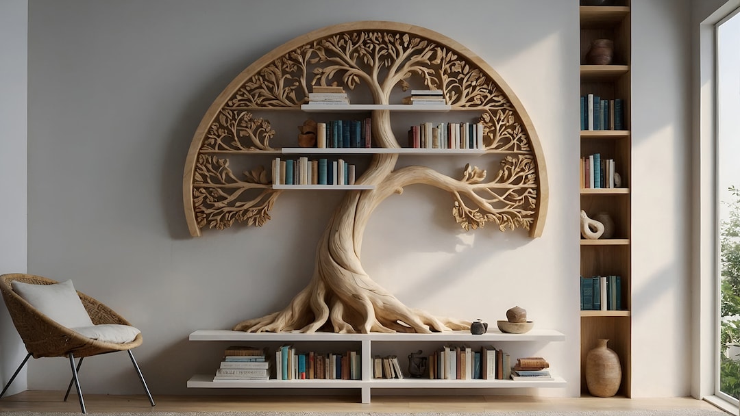 Zoom Background Zen Tree Bookshelf, Neutral Decor, Virtual Home Office ...