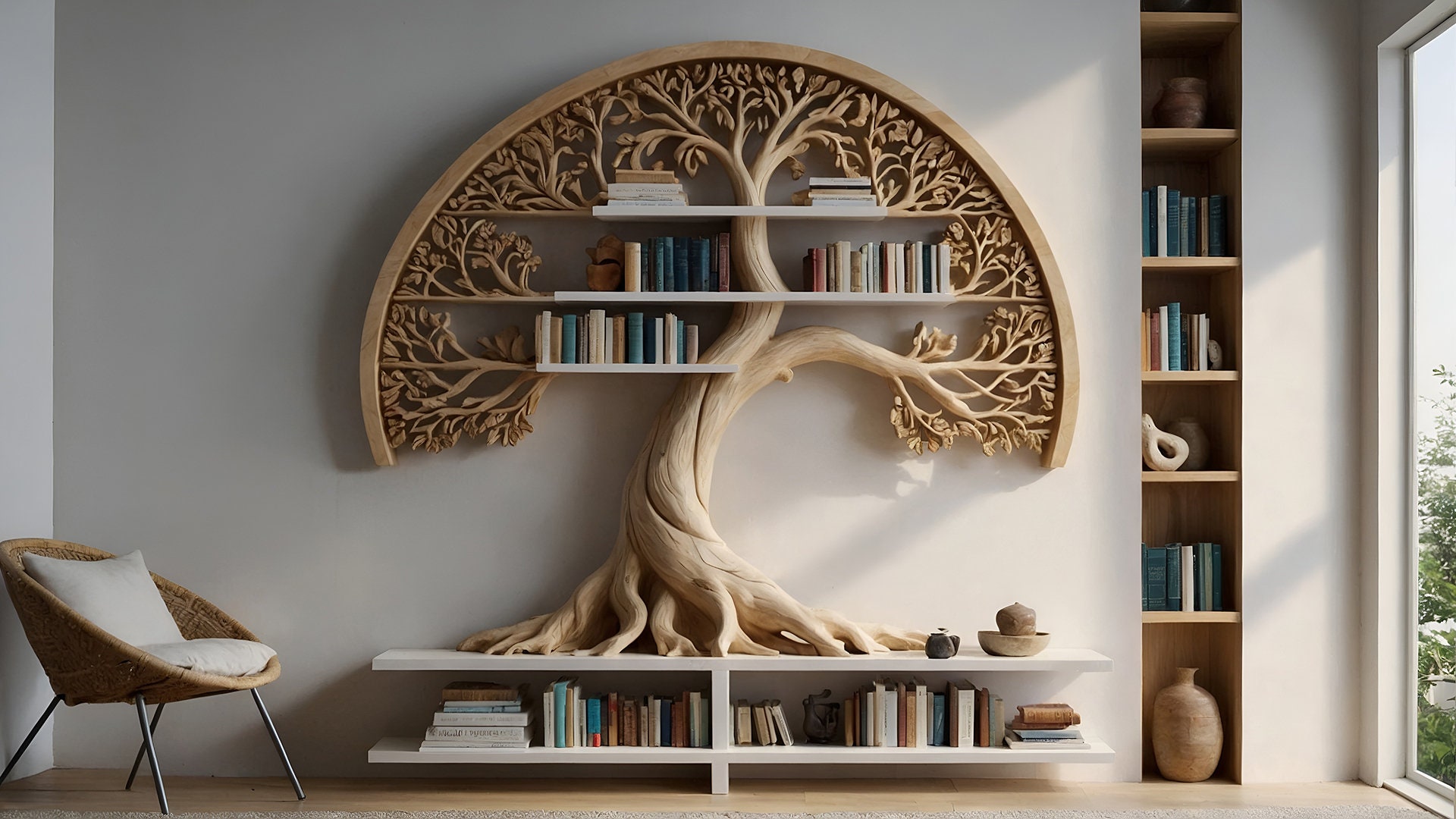 Zoom Background Zen Tree Bookshelf, Neutral Decor, Virtual Home Office ...