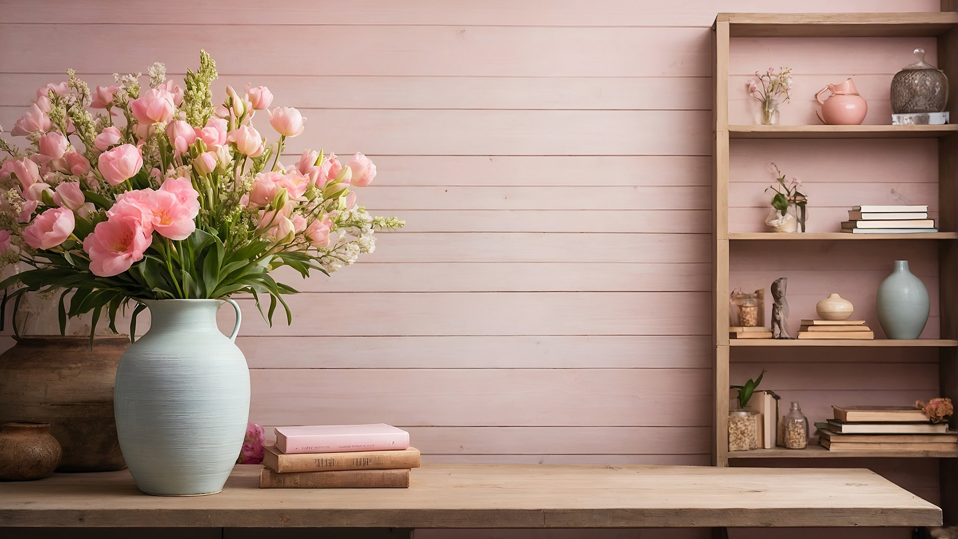 Virtual Background Pink Spring Bookshelf for Zoom Meetings, Home Office ...