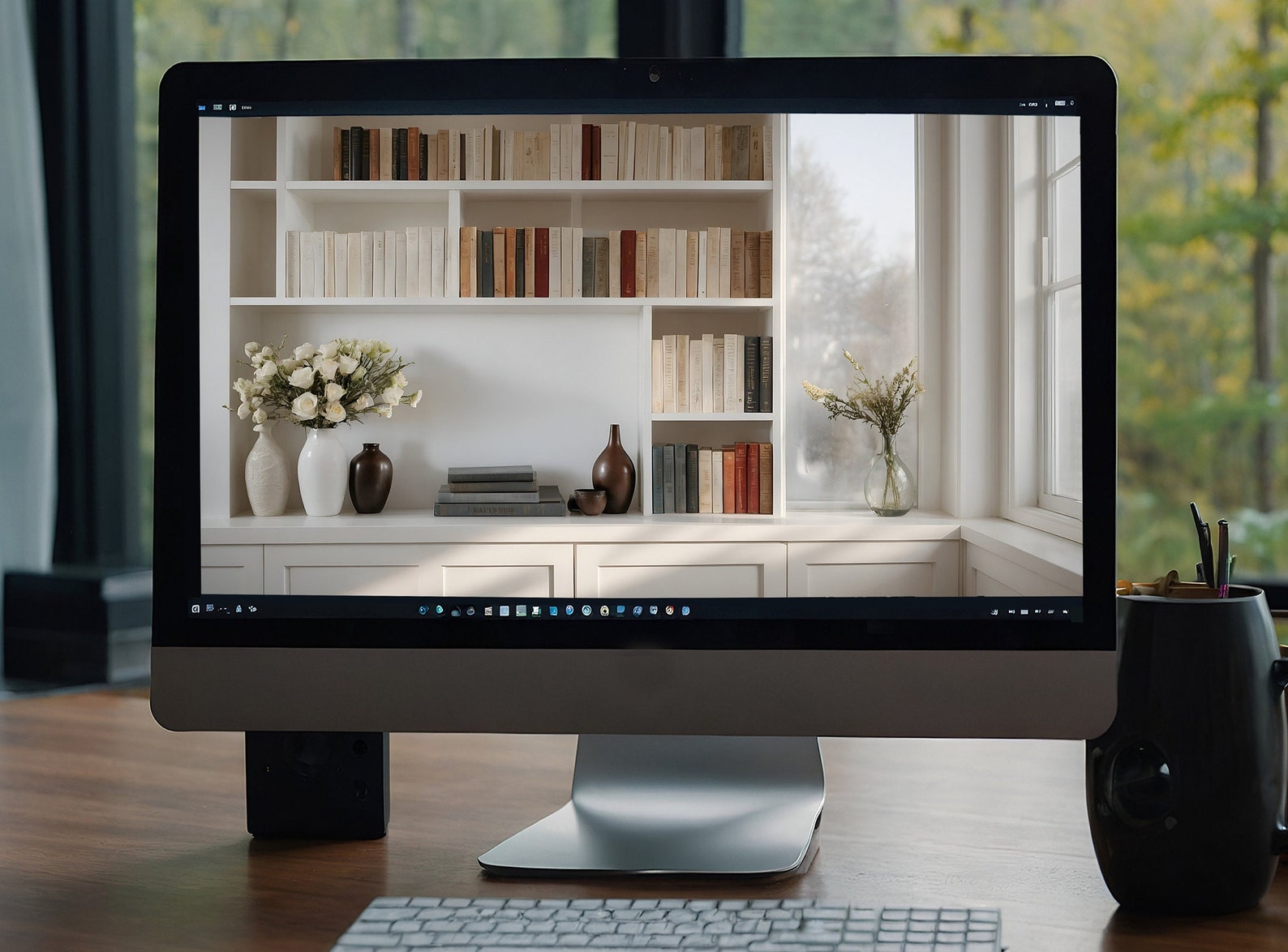 Zoom Background White Bookshelf and Window, Virtual Home Office ...