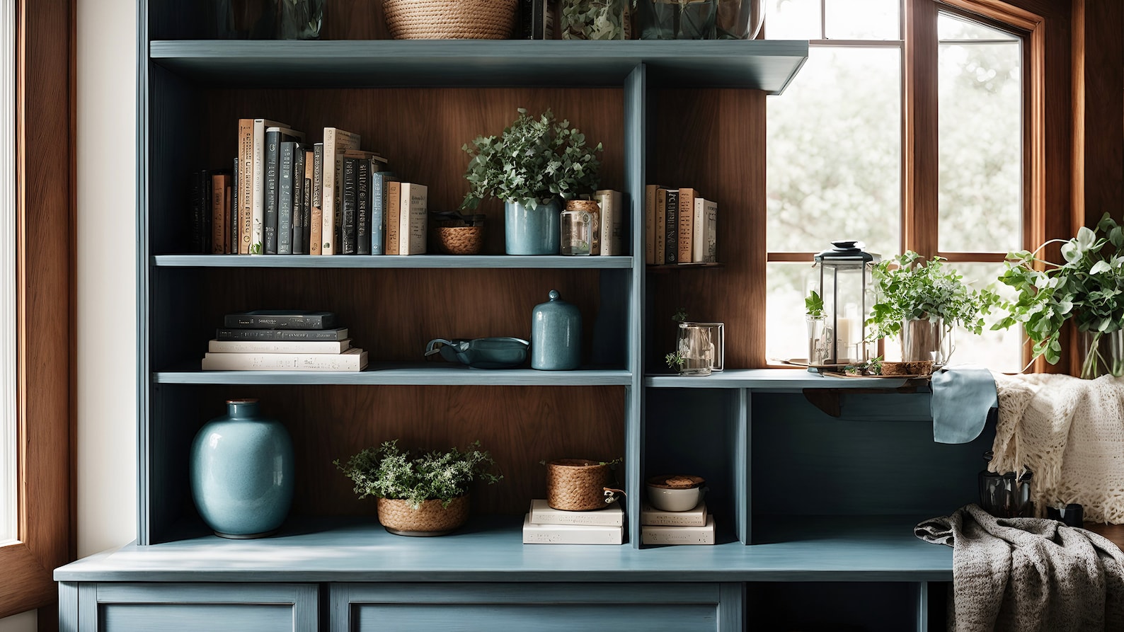 Virtual Background Blue Modern Farmhouse Bookcase for Zoom, Home Office ...