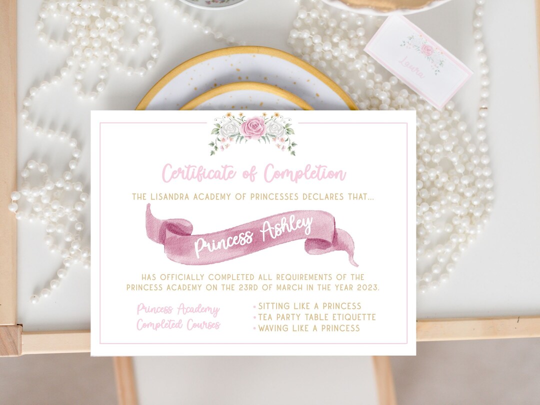 Editable Princess Certificate of Completion, Printable Floral Pink Gold ...