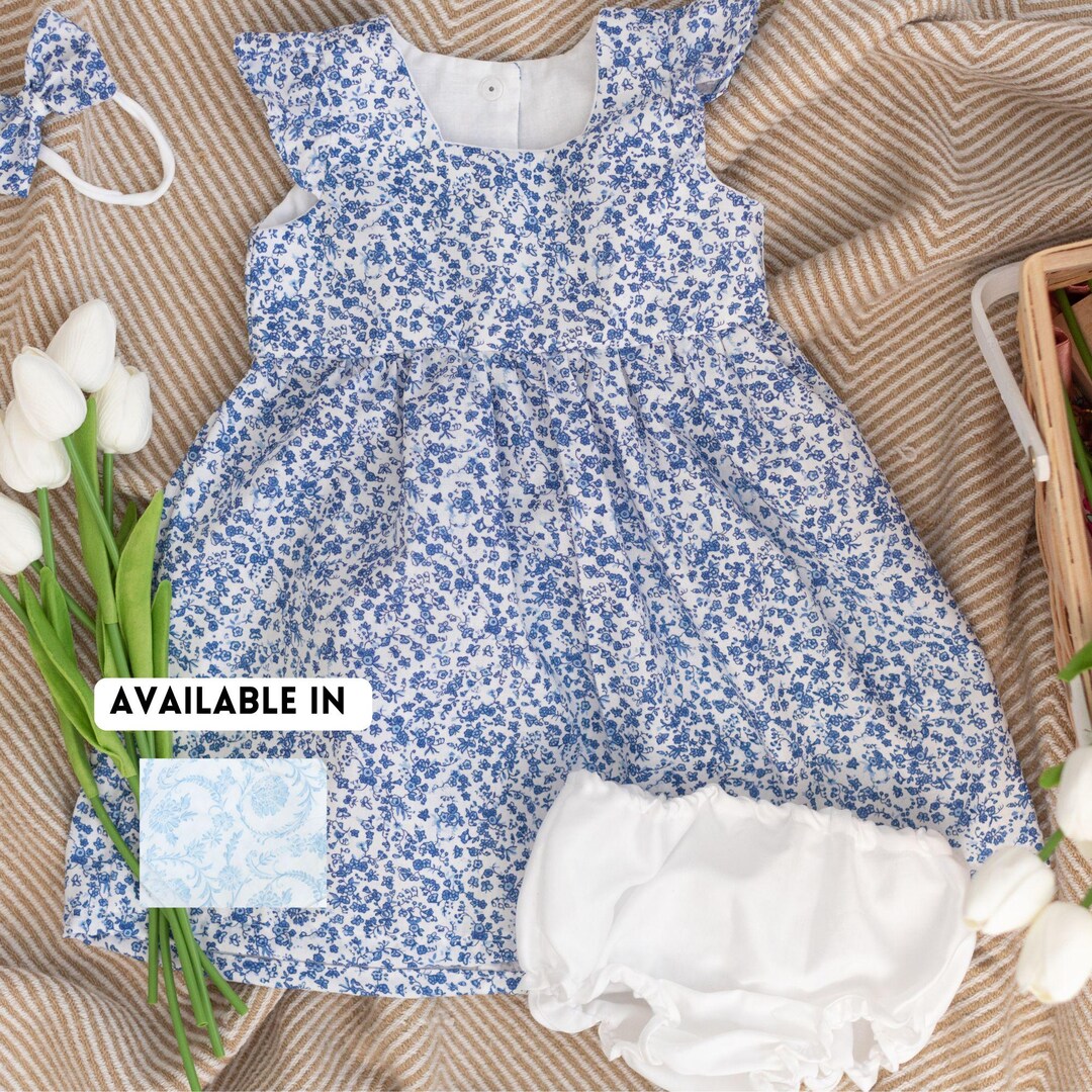 Girl Floral Blue Dress, Toddler Flutter Sleeve Dress, Floral Baby Dress ...