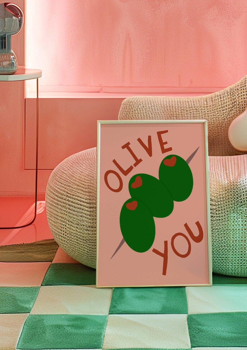 Olive You Print, Bar Cart Kitchen Wall Art, Pink Food Poster (digital ...