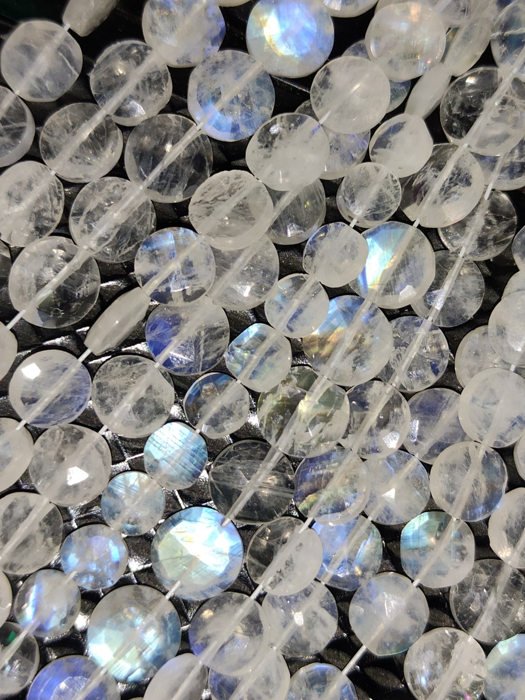 AAA Natural Rainbow Moonstone Coin Shape Faceted Beads | Flashy Rainbow ...
