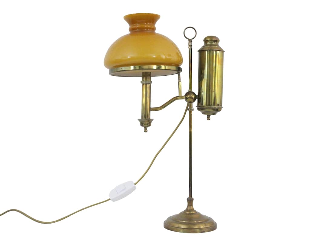 Large Antique Brass Student Lamp With Amber Coloured Glass Shade ...