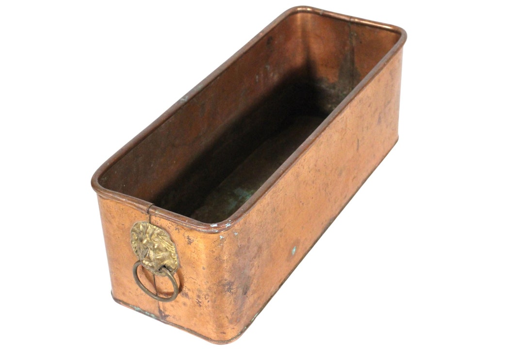 Large Vintage Copper Trough Planter With Brass Lion Head Ring Handles ...