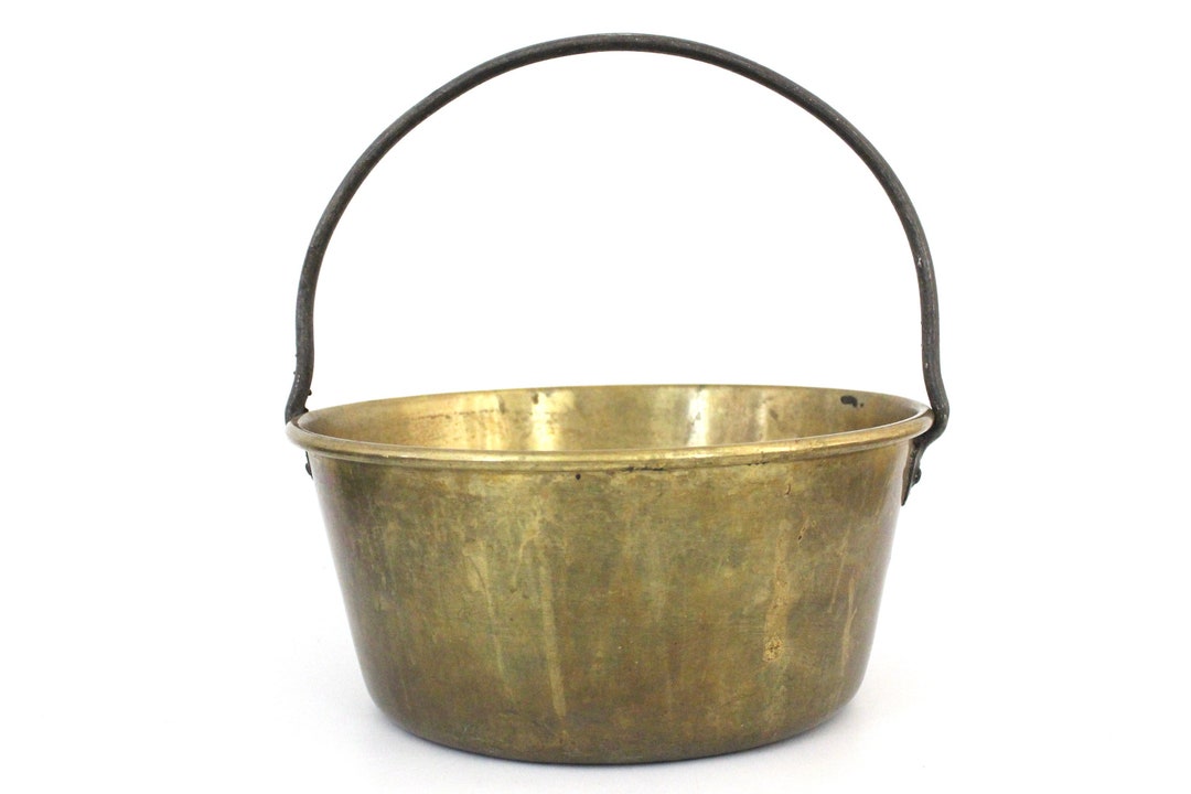 Large Antique Brass Cauldron Jam Pan With Iron Handle and Copper Rivets ...