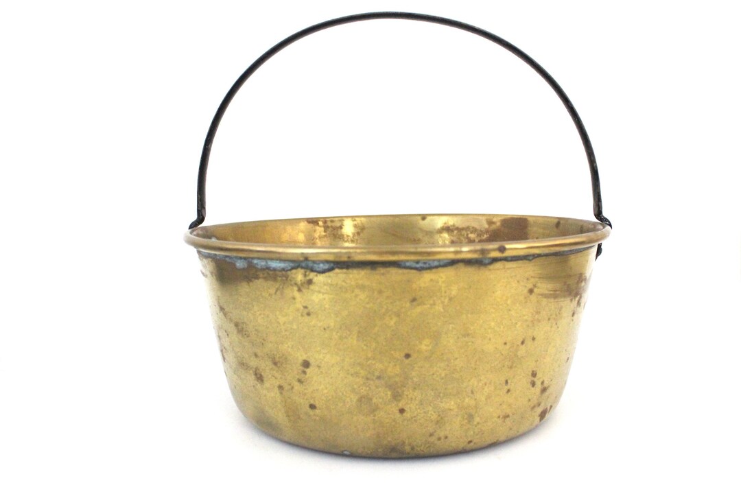 Large Antique Brass Cauldron Jam Pan With Iron Handle and Copper Rivets ...