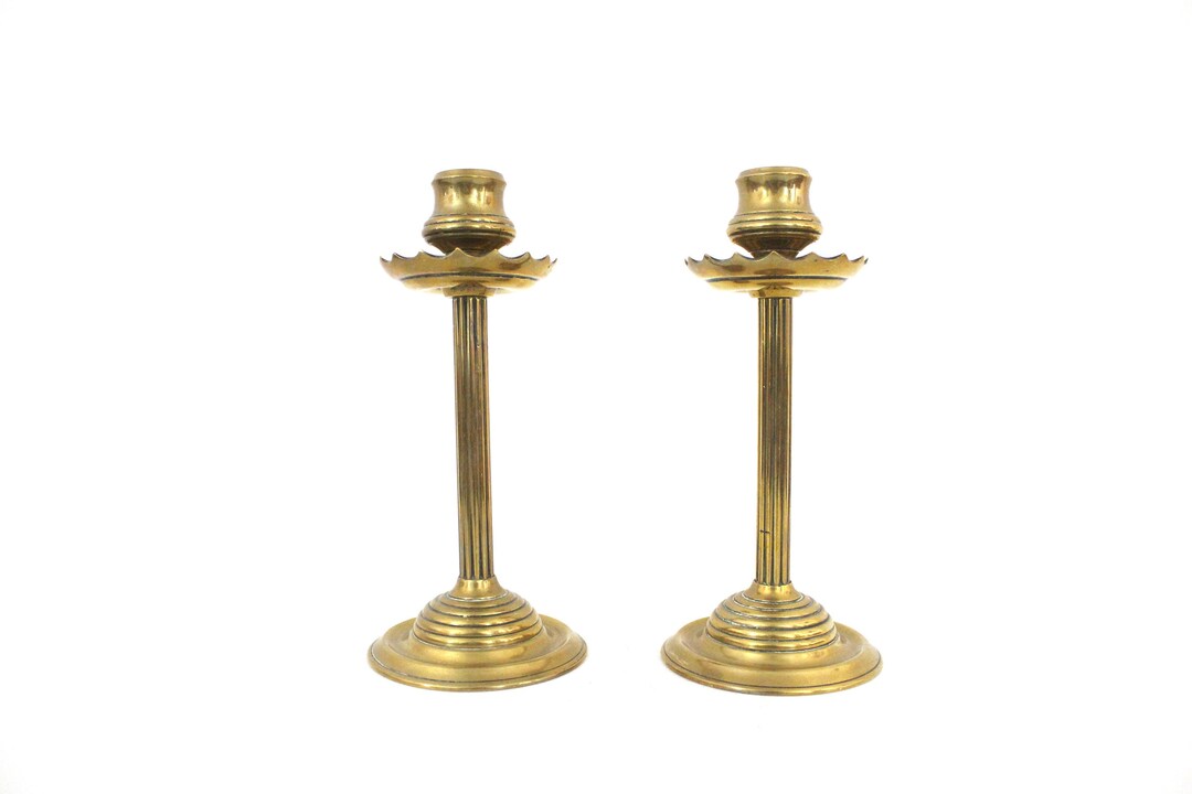 Elegant Pair of Antique Brass Candlesticks With Beehive Bases and ...