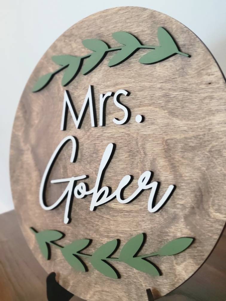 Leafy Teacher Name Sign, Door Hanger, Personalized Sign, Custom ...