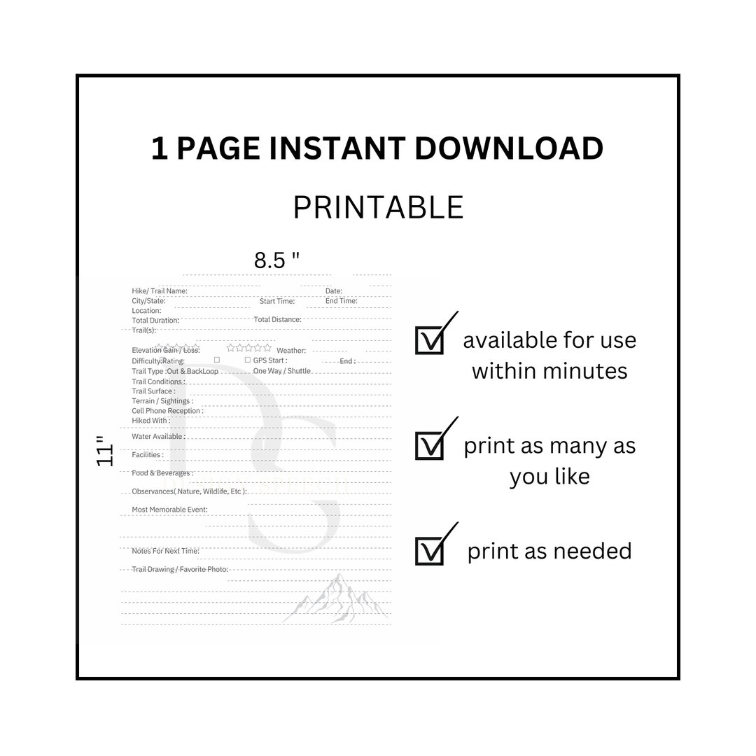 Hiking Log Printable to Track Your Hikes Log Information on Duration ...