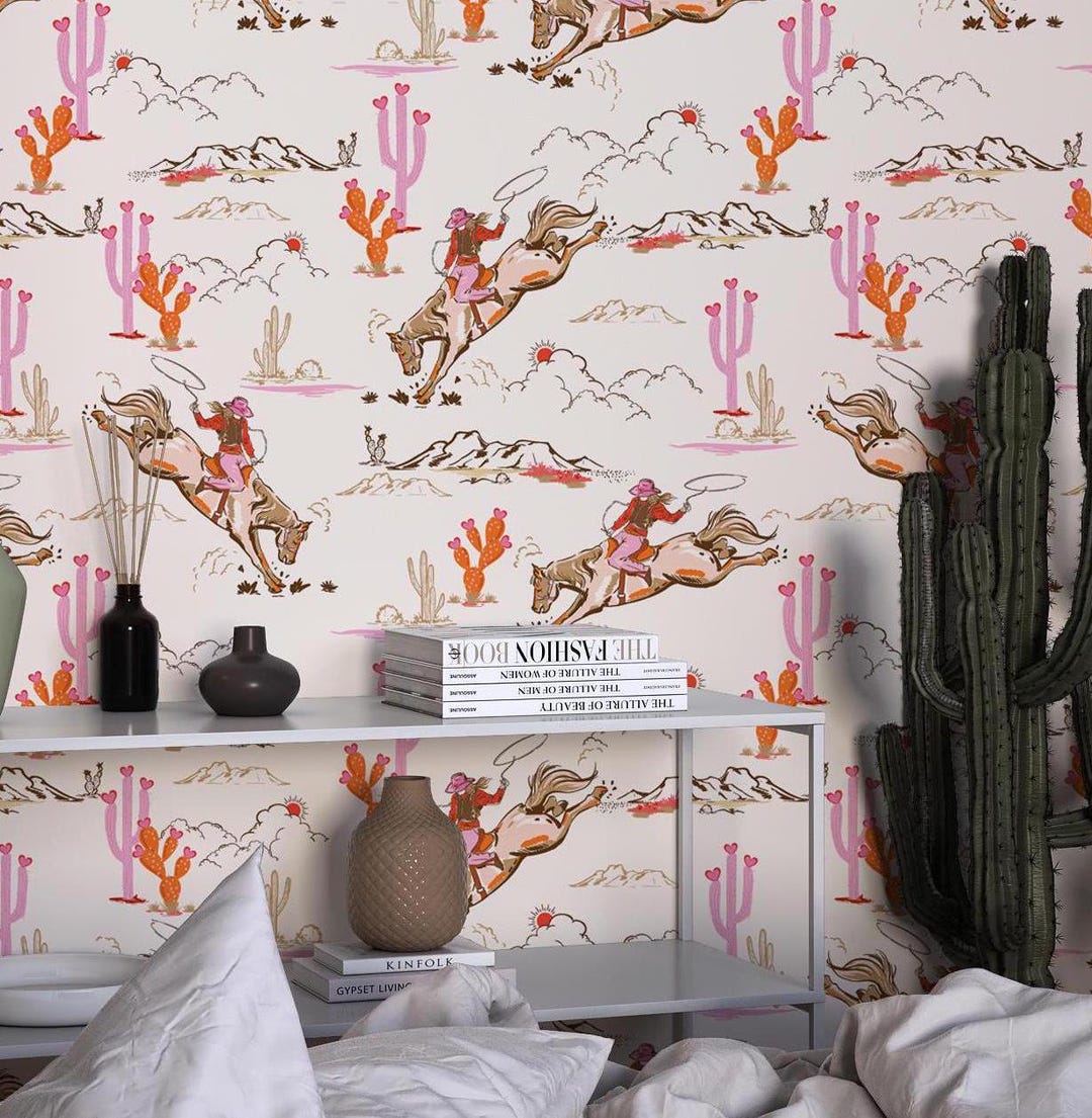 Cute Texas Cowgirl Peel and Stick Wallpaper - Light Pink Western Motif ...