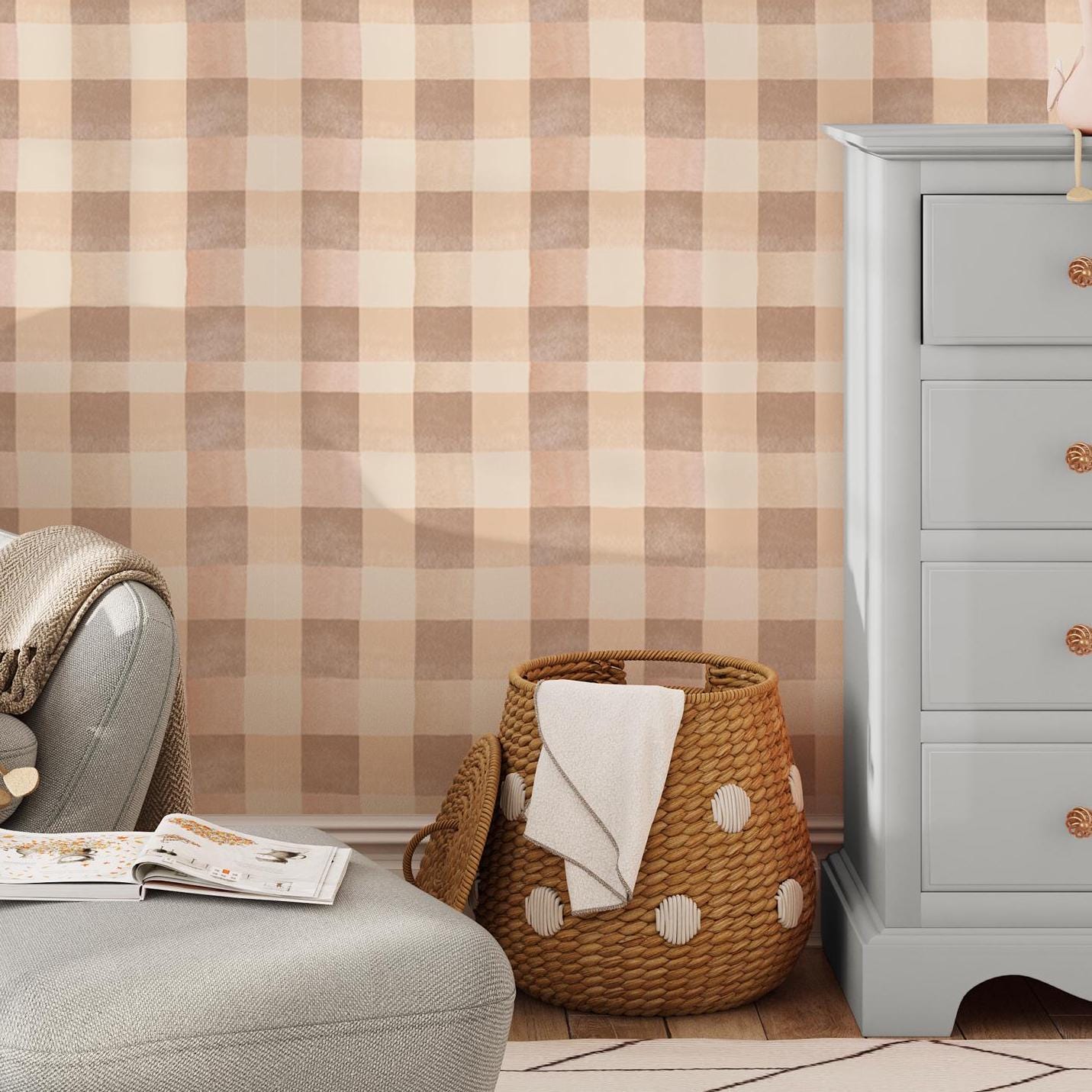 Boho Checkered Pattern Self Adhesive Wallpaper - Modern Neutral Gingham ...