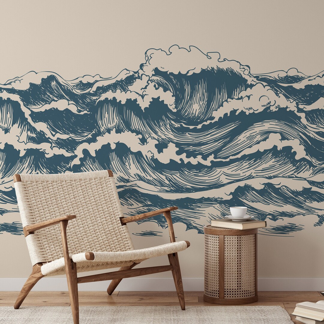 Nautical Blue Waves on Neutral Background Removable Wallpaper Roll ...
