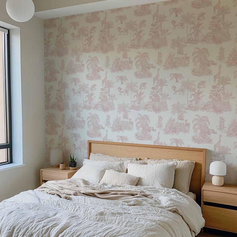 Elegant French Toile De Jouy Wallpaper Peel and Stick, Pale Pink Jungle ...