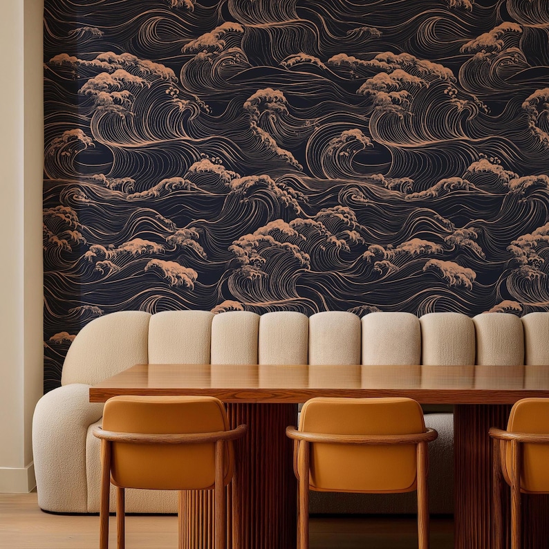 Abstract Ocean Waves Peel and Stick Wallpaper – Dark Vintage Coastal ...