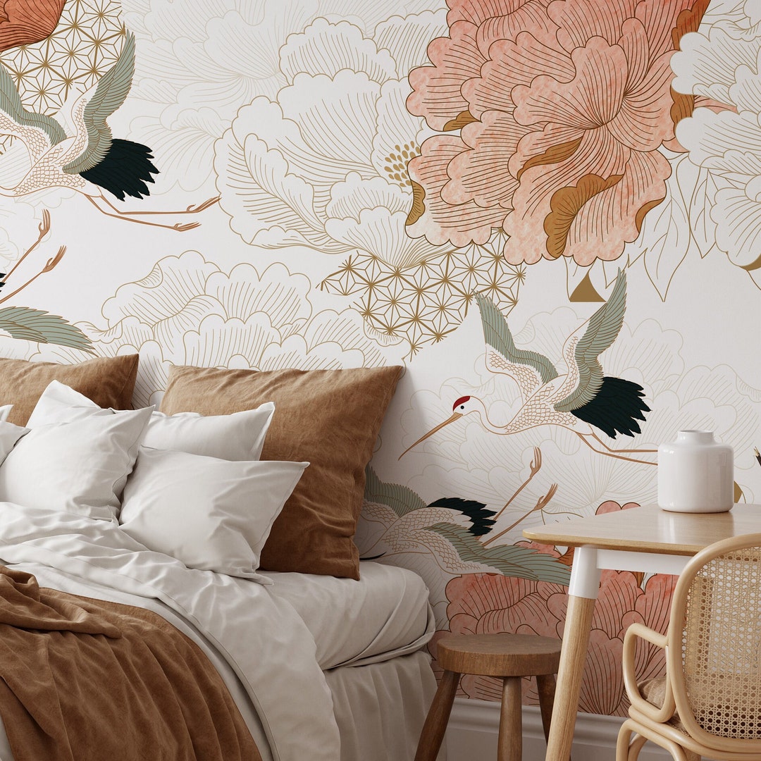 Vintage Japanese Crane Bird and Flower Wallpaper Mural in Oriental ...