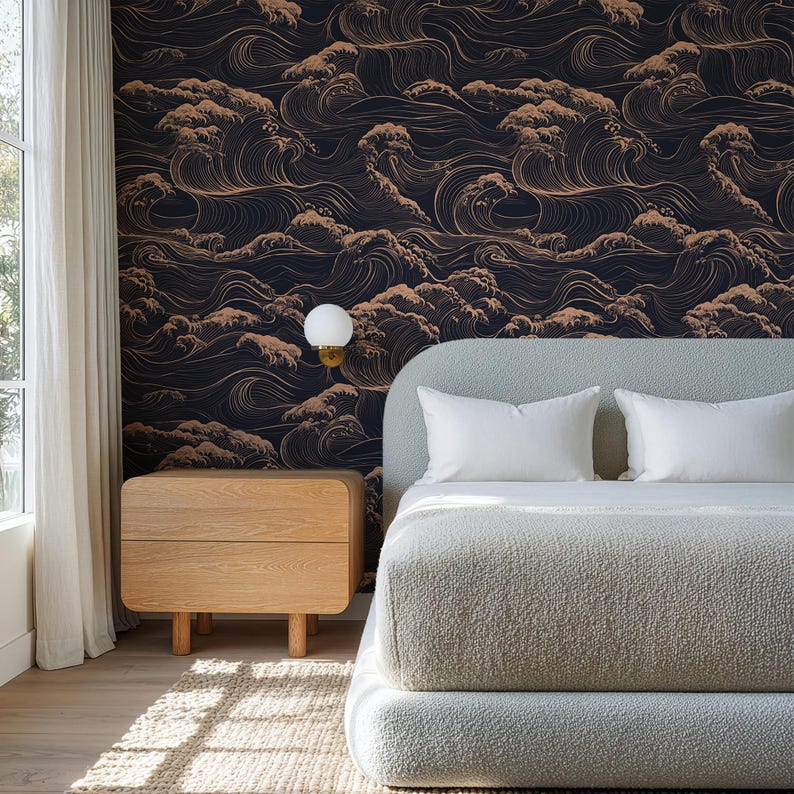 Abstract Ocean Waves Peel and Stick Wallpaper – Dark Vintage Coastal ...
