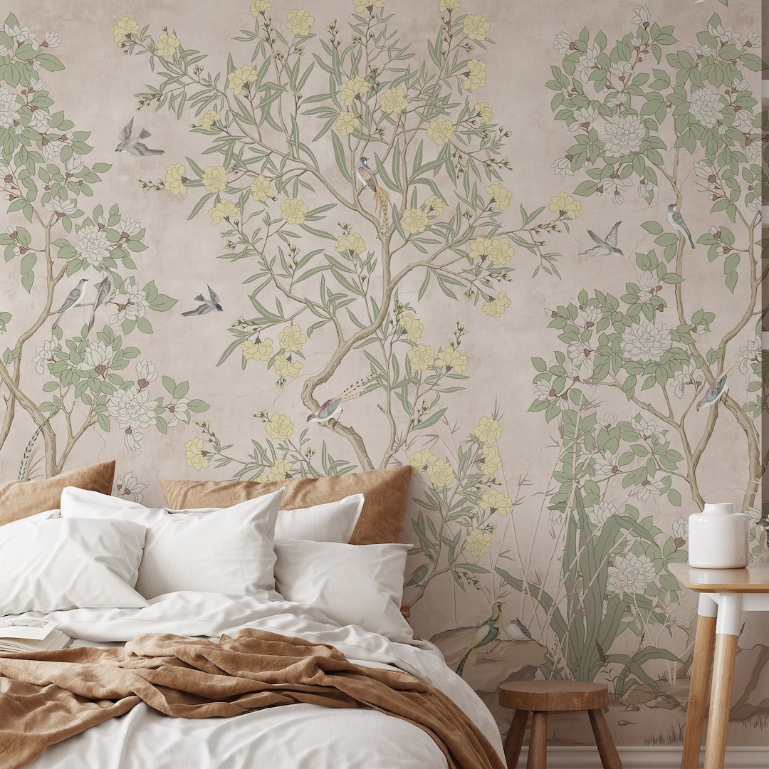 Beige Chinoiserie Flower and Tree Wallpaper Peel and Stick Mural ...