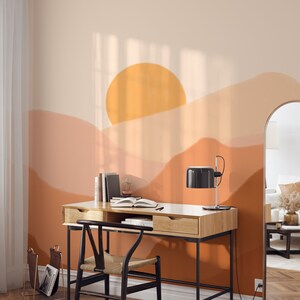 Boho Orange Landscape Wallpaper Mural - Whimsical Minimalist Mountain ...