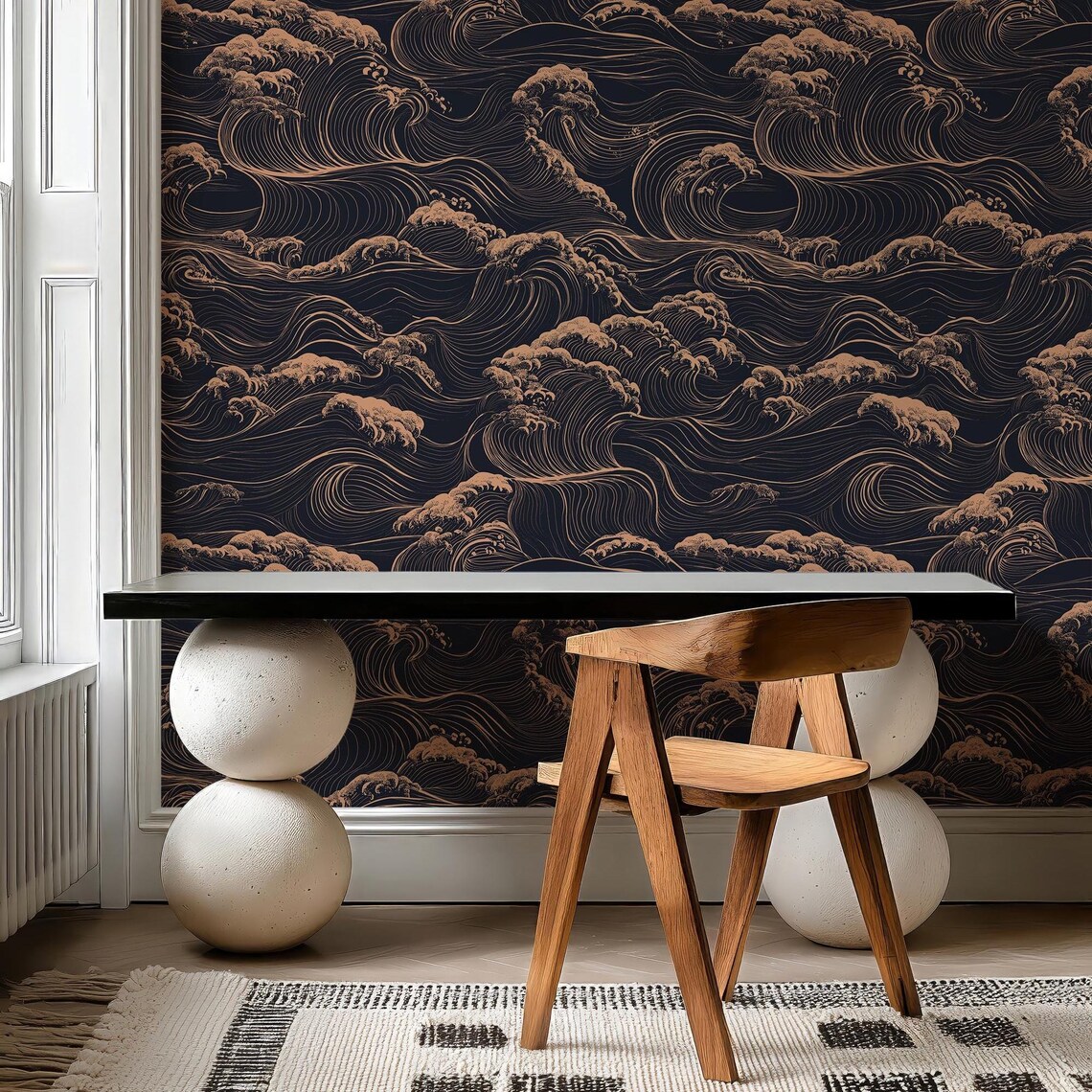 Abstract Ocean Waves Peel and Stick Wallpaper – Dark Vintage Coastal ...