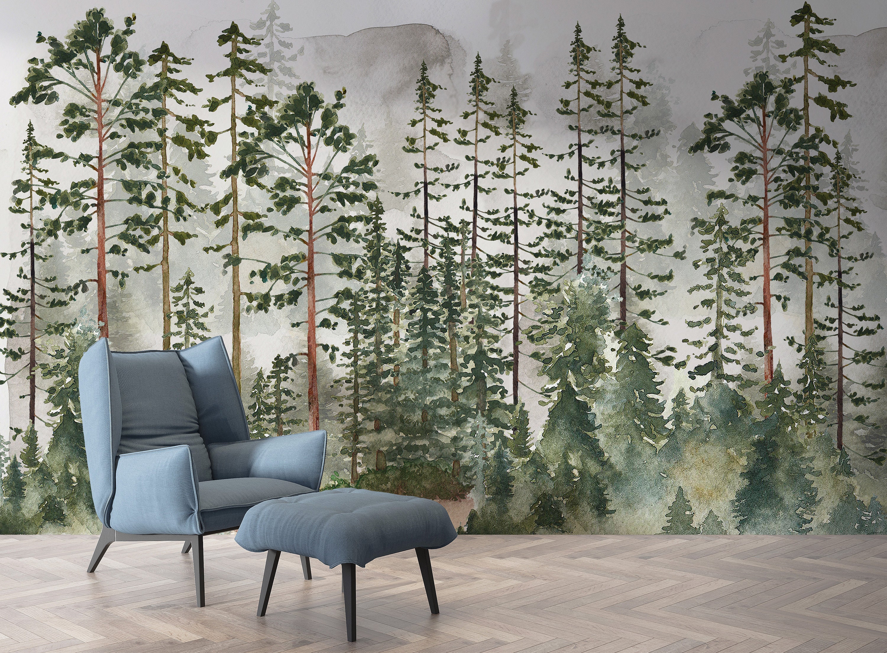 Green Tree Wallpaper Foggy Forest Green Forest Print Wall Art ...