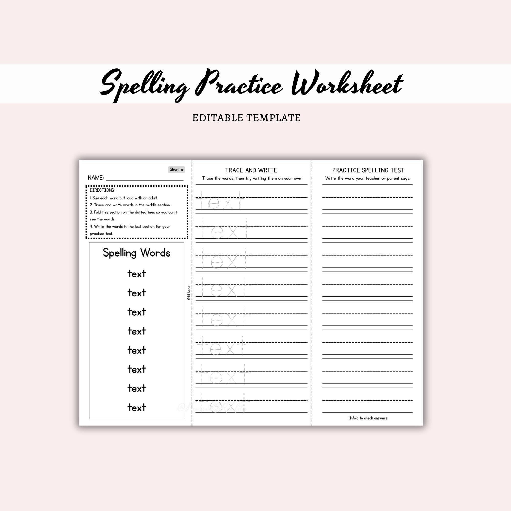 Spelling Practice Worksheet: Foldable Spelling Test Template (digital ...