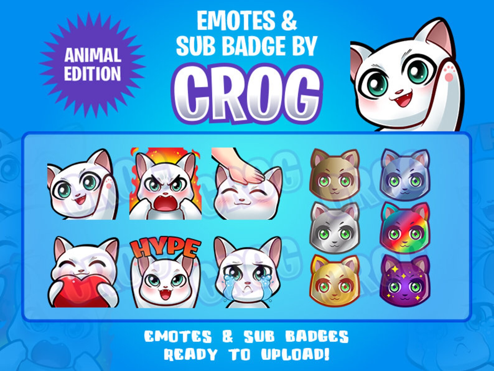Lindo gato blanco twitch emotes y paquete de insignia sub - Etsy España
