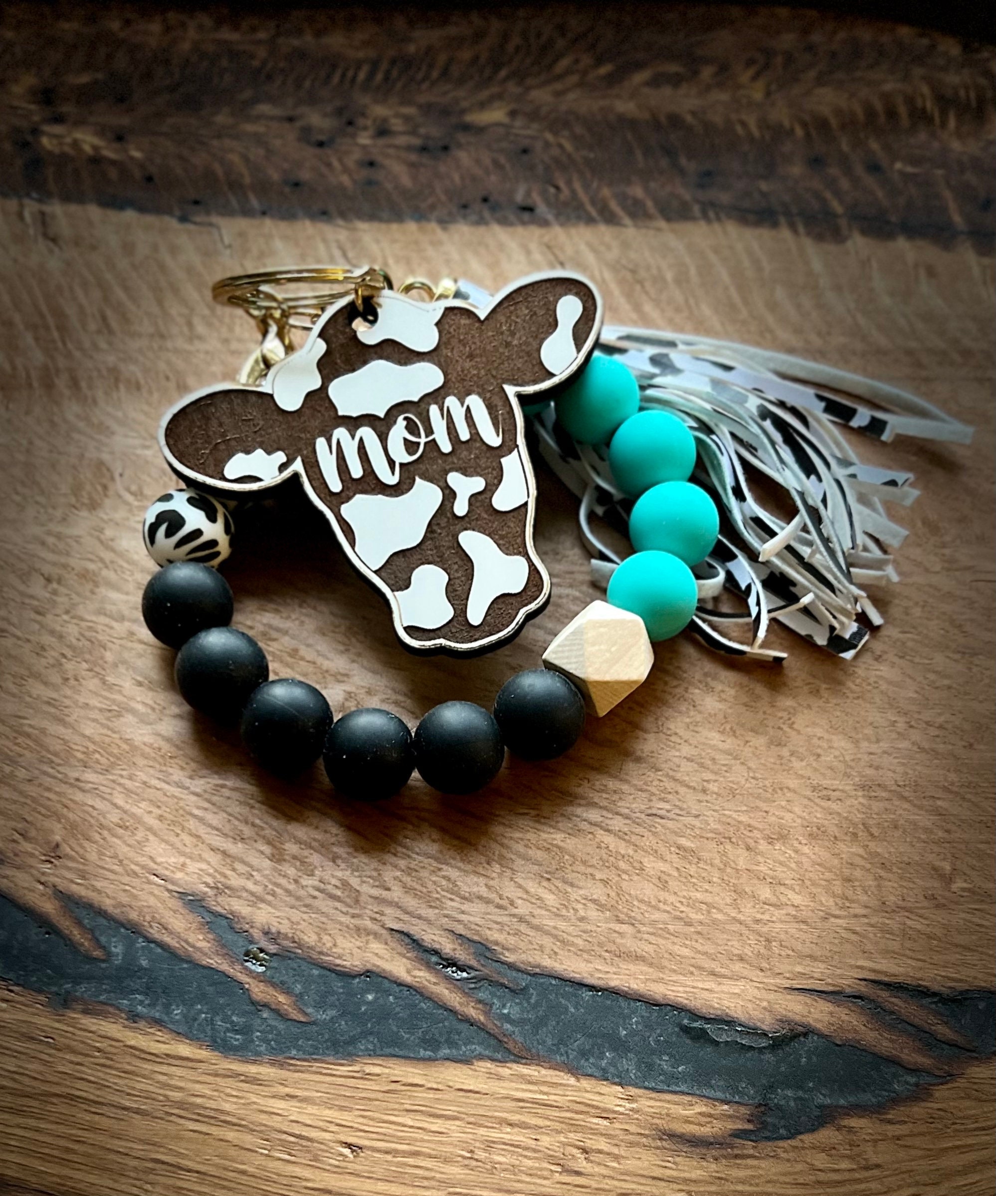 Cow Print Teal Coral or Black Silicone Bead Wristlet Keychain - Etsy