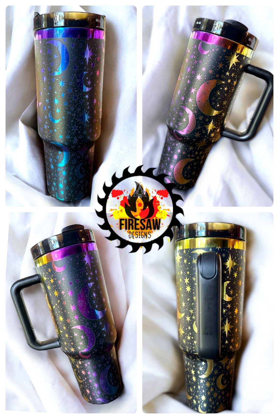 40 Oz Engraved Crescent Moon and Stars Rainbow Tumbler Full Wrap Permanent Laser Engraved ...