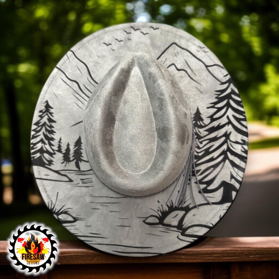Laser Engraved Mountain Scene Vegan Suede Wide Brimmed Fedora - Etsy