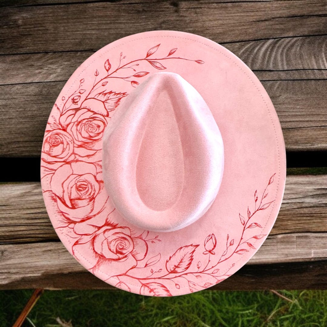 Laser Engraved Vintage Rose Light Pink Vegan Suede Wide Brimmed Fedora ...