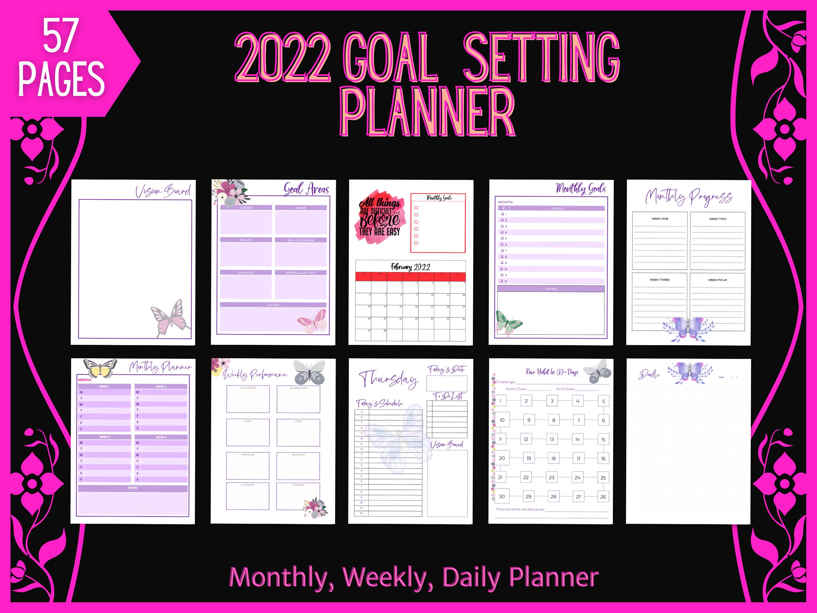 2022 Goal Setting Workbook and Printable Planner, Butterfly Goal ...