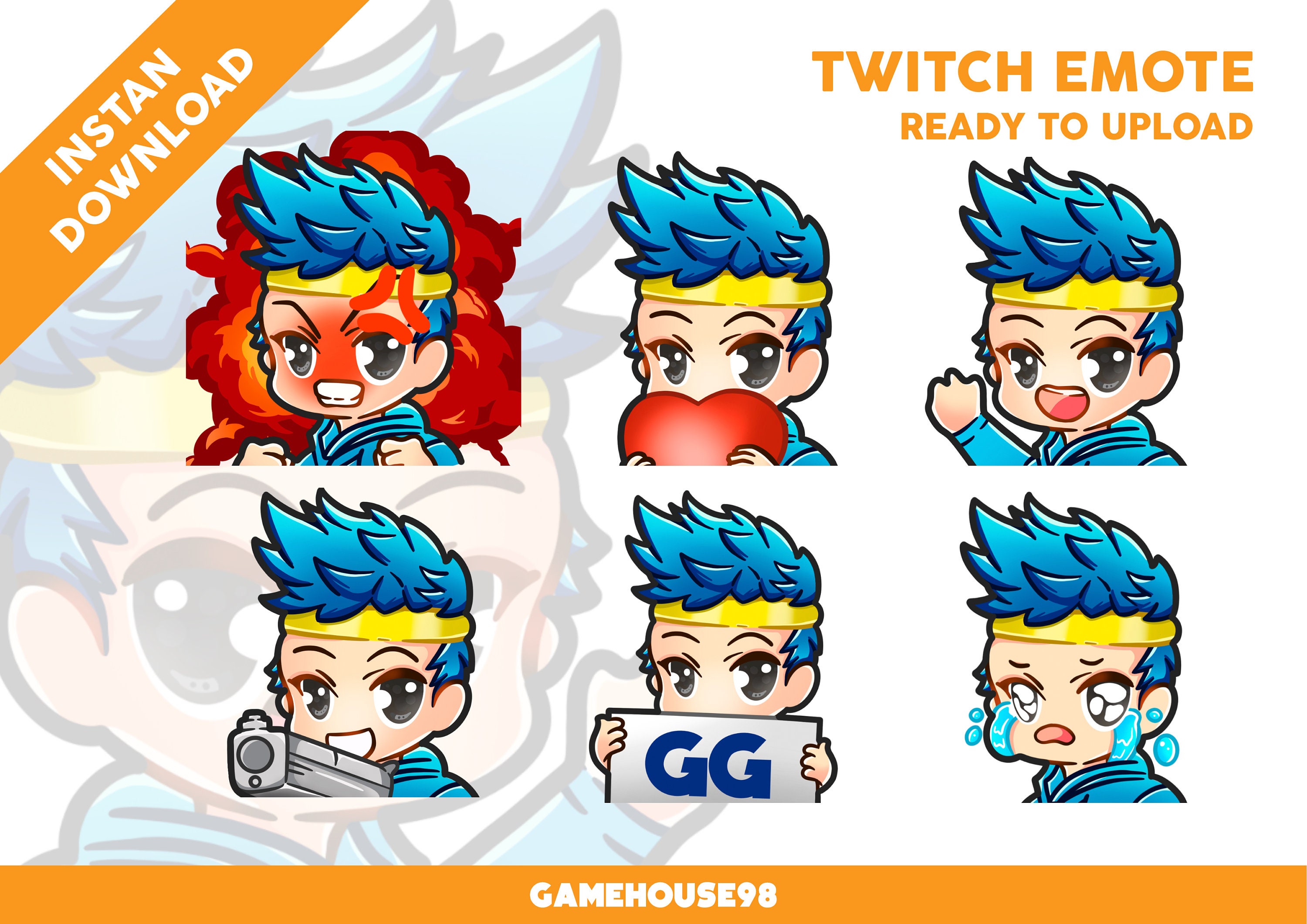 Twitch Emotes Chibi Boy blue Hair. Gray Eyes Twitch Emote - Etsy
