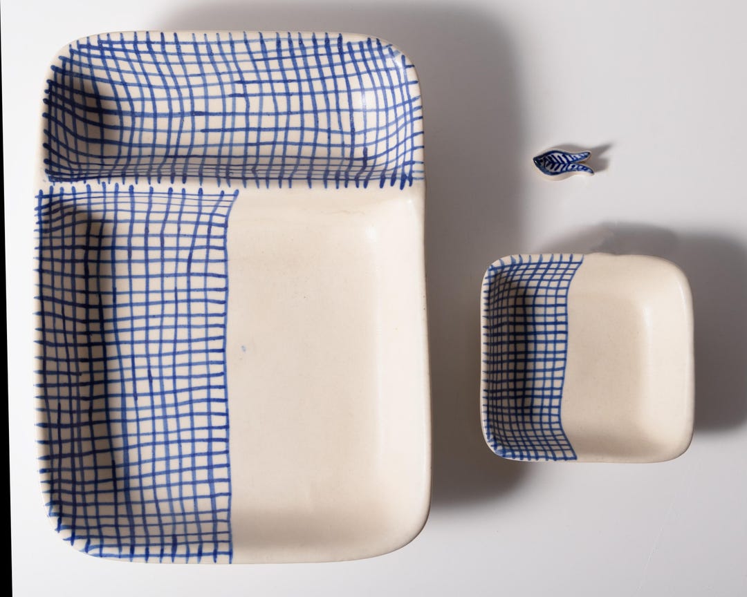 Hand-painted Sushi Set: Blue White Stoneware Platter With Chopstick ...
