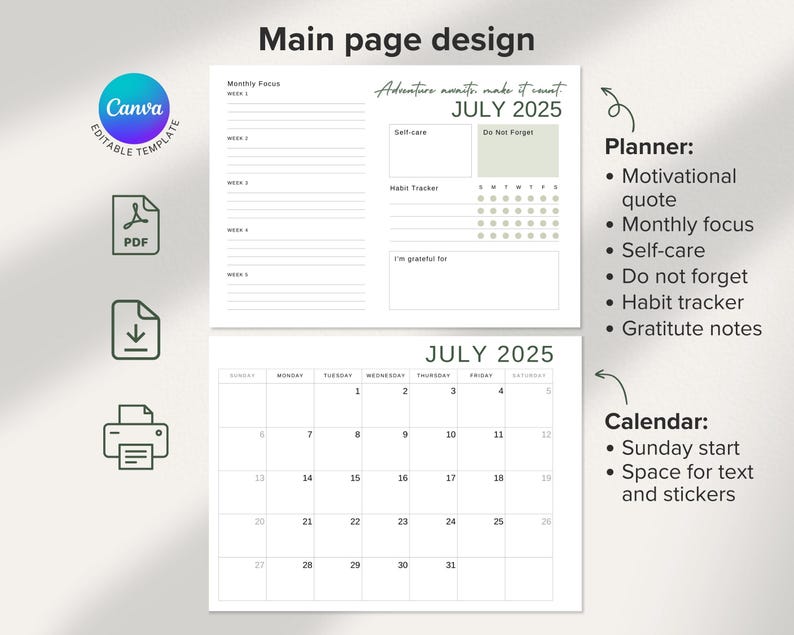 2025 Printable Calendar | Print Ready PDF and Canva Template ...